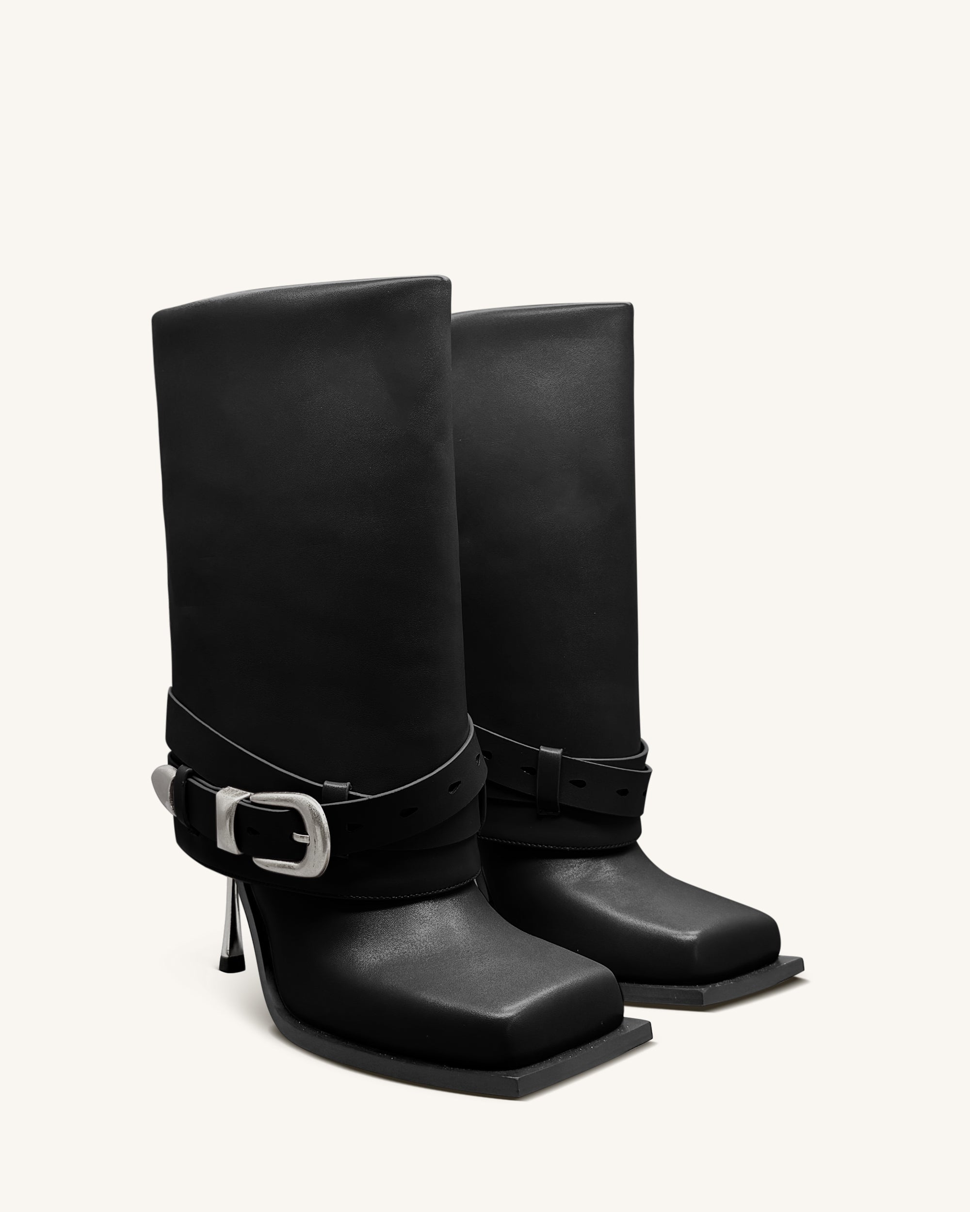 Emilia Western Buckled Leather Stiletto Boots - Black | JW PEI